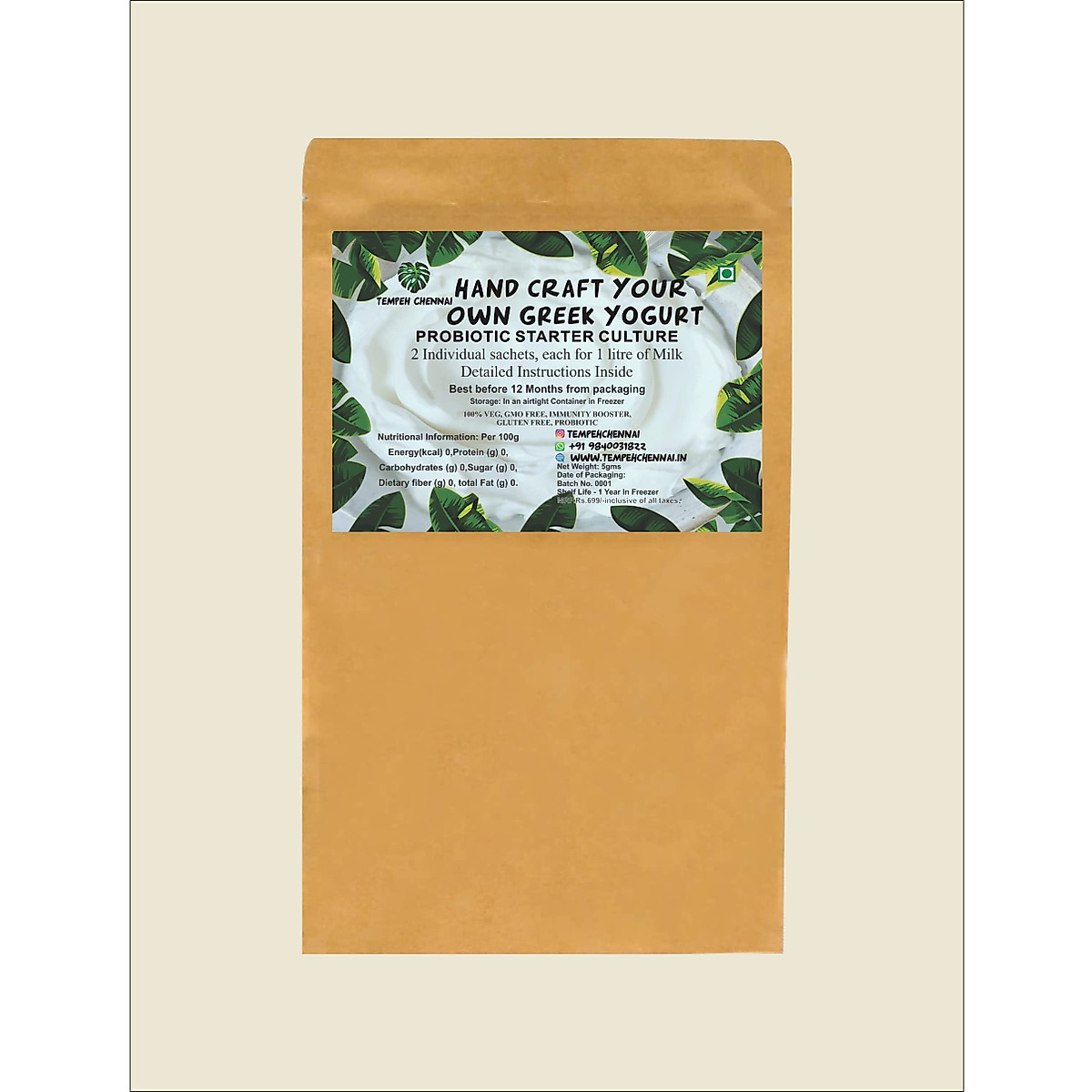 TEMPEHSTATION Greek Yogurt Starter Culture Kit-Culture&hand painted ceramic Handi Lid Dahi/Curd pot|easy to produce large batches 2 gms each sachet|Heirloom|-Strains L. bulgaricus &Streptococcus thermophilus