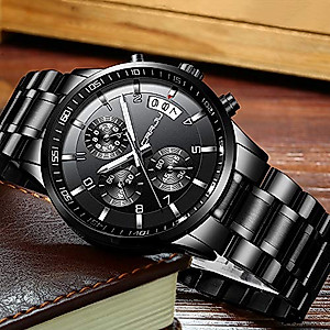 CRRJU Men's Black Watch Fashion Business Chronograph Quartz Wristwatches,Luxury Stainsteel Steel Band Waterproof Watch for Men