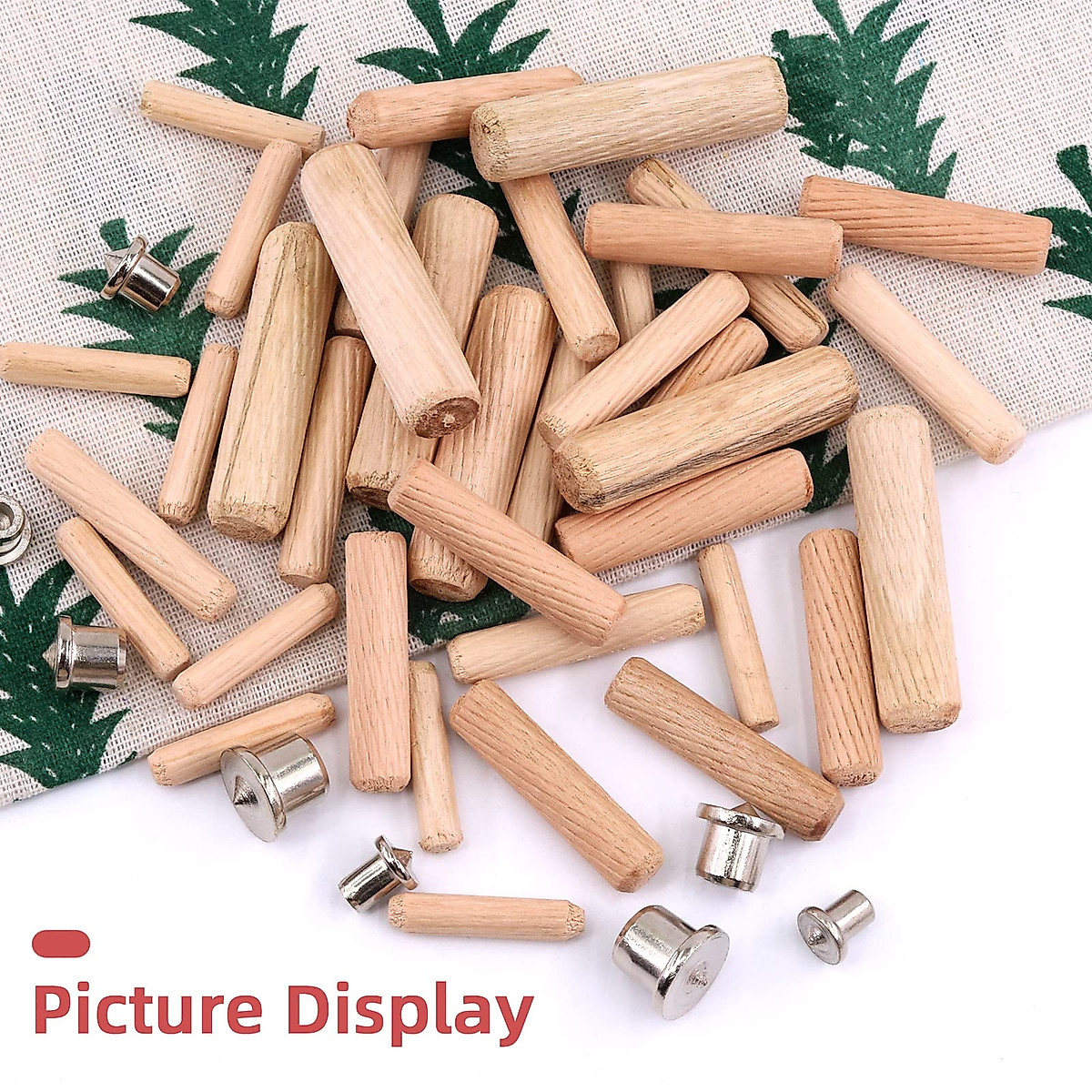 Hilitchi 508Pcs 1/4" 5/16" 3/8" 1/2" Fluted Wood Dowel Pins with Dowel Pins Center Point, Wooden Pegs Beveled Ends and Center Point Woodworking Alignment Tool for Furniture Door