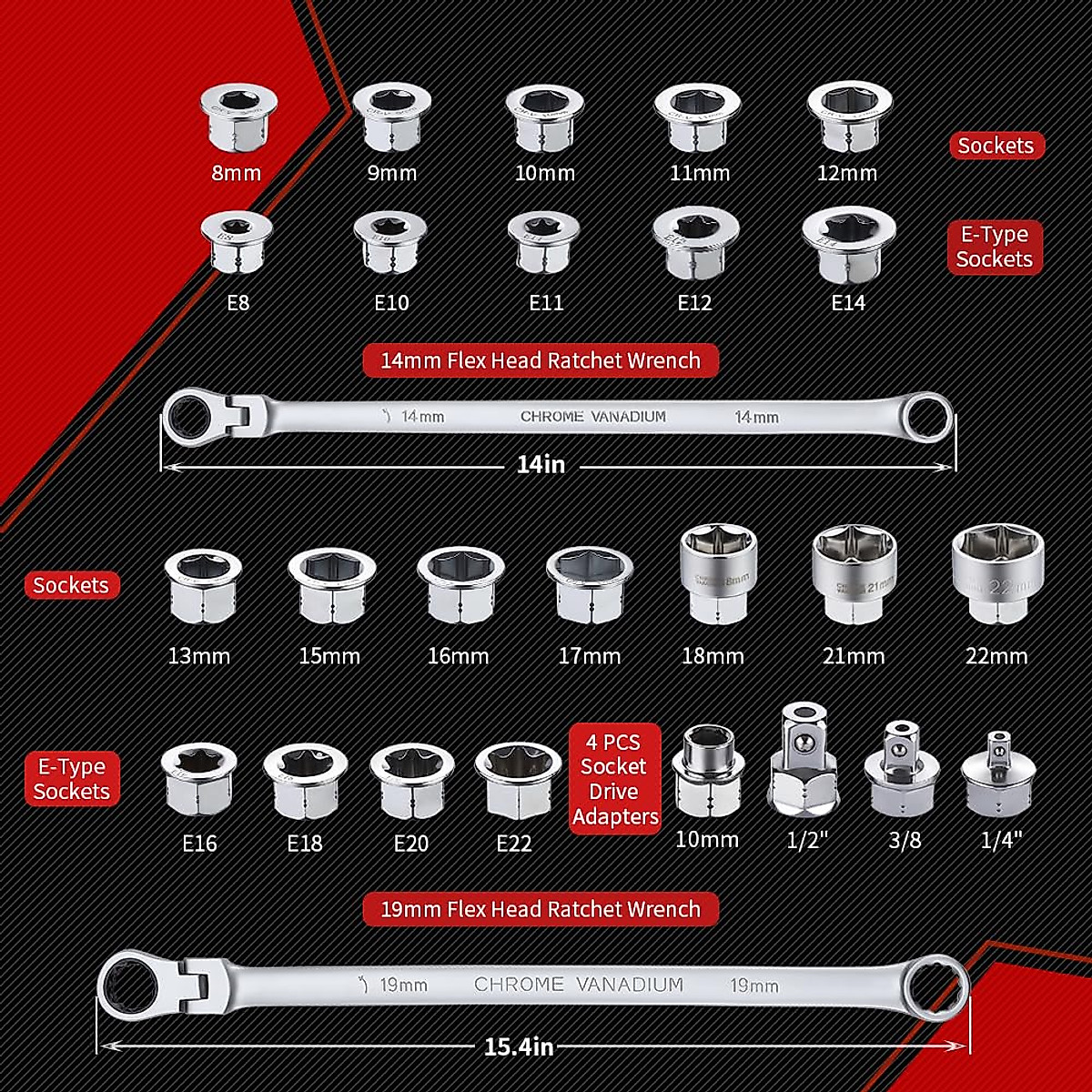AKM TOOL 27 PC Flex Head Ratcheting Wrench Set, Metric | 72-Tooth | 8-22mm | Extra Long Double Box End Ratchet Wrench Flex Head Wrench Set