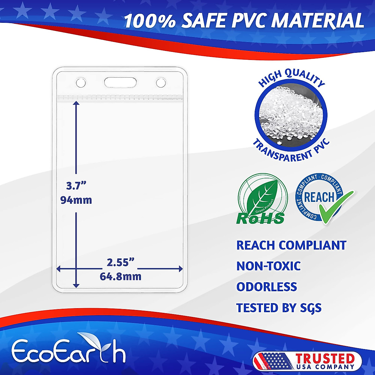 EcoEarth Vertical No Zipper ID Name Badge Holder with Soft Edge (Clear, 2.25x3.5 Inch, Bulk 100 Pack), Quick Loading Plastic Card Pouch, Nametag Sleeves