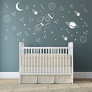 Space Wall Decal Nursery, Outer Space Decor, Rocket Decal, Boy Room Decor, Space Ship Decal, Space Themed Room, Planets Wall Decal for Baby Boys Nursery A37 (White)