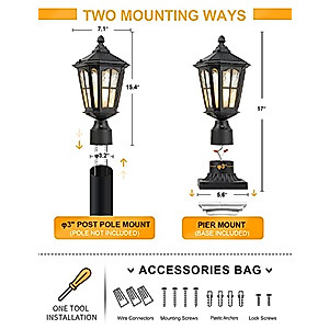 GYDZ Post Light Outdoor with 3-Inch Pier Mount Base, 17''H Exterior Post Light Fixture,Waterproof IP65 Classic Die Cast Aluminum with Water Ripple Glass, E26 Base 60W Max,Matte Black