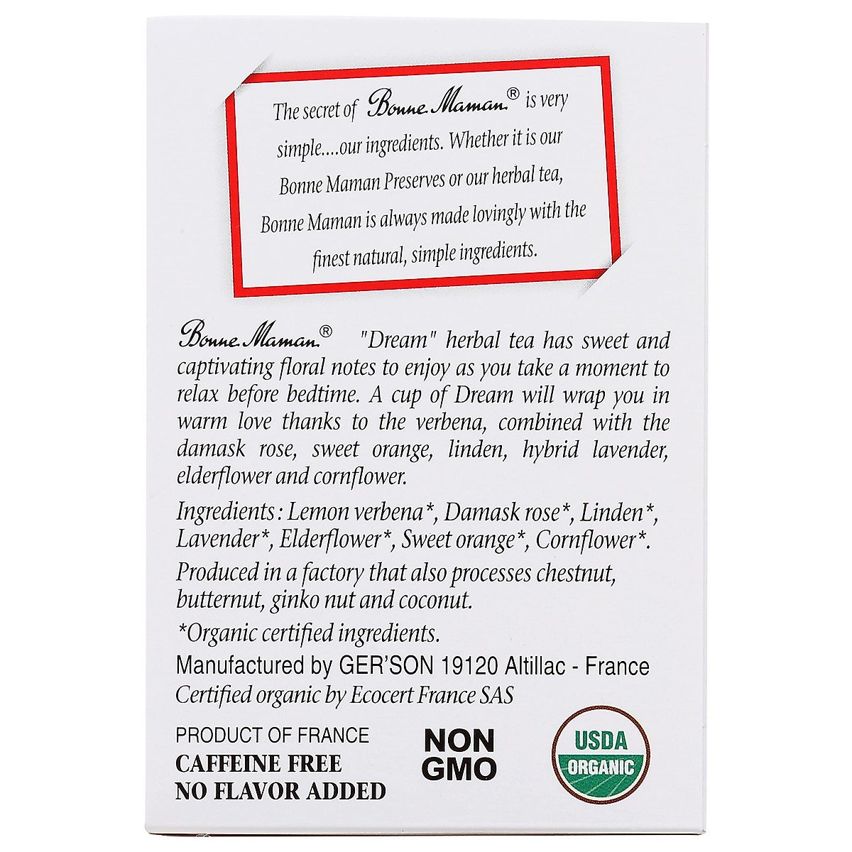 Bonne Maman Organic Herbal Tea Dream: Verbena, Damask Rose & Lavendar Blend, 16 Tea Bags (Pack of 1)