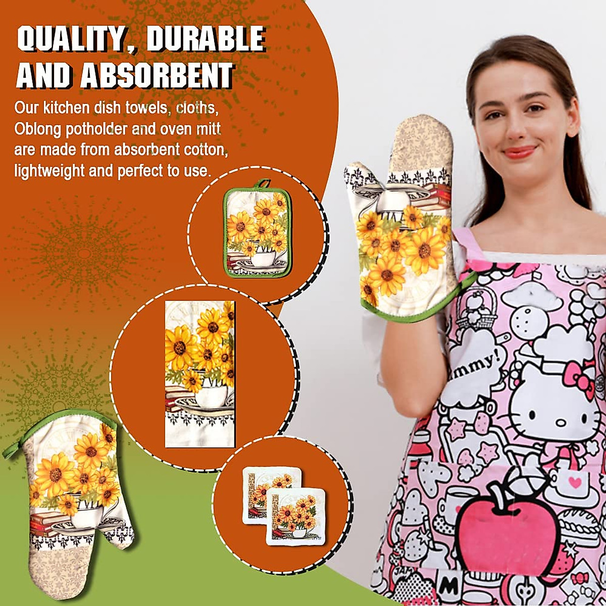 Lobyn Value Packs Decorative and Lightweight Printed Themed Kitchen Linen Towel Sets Perfect for Home Decor (5 Piece, Sunflower)