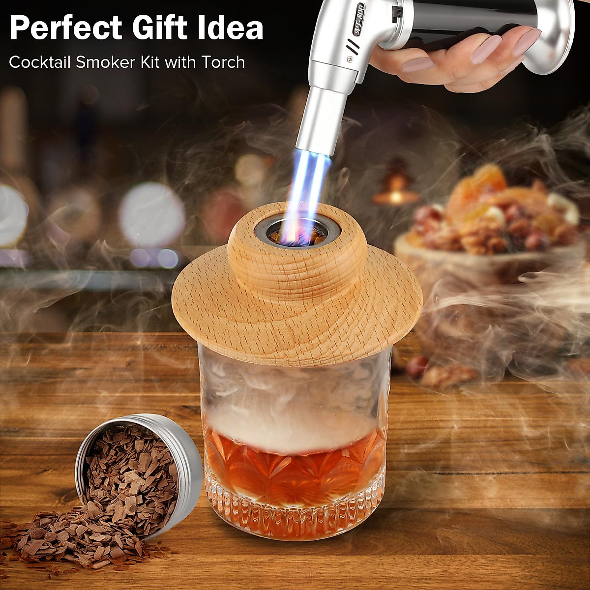 Moskiboly Cocktail Smoker Kit Old Fashioned, Whiskey Smoker Kit with Torch, Bourbon Smoker Infuser Kit with 6 Flavors of Wood Chips, Christmas Birthday for Men, Father(with lid)