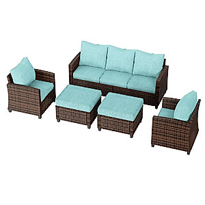 UDPATIO Patio Furniture Set, 5 Pieces Outdoor Sectional Sofa Set, All-Weather Wicker Rattan High Back Patio Conversation Set with Ottoman for Poolside, Backyard, 4" Thick Cushions, Light Blue