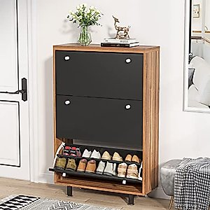 Tribesigns 3 Drawer Shoe Cabinet, Freestanding Shoe Rack Storage Organizer with Flip Door, Modern Tipping Bucket Shoe Cabinet for Entryway, Hallway, Bedroom, Small Spaces, Walnut & Black