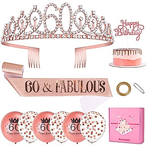 Konasala 60th Birthday Gifts for Women, Including 60th Birthday Sash, Tiara/Crown, Cake Topper, Pearl Pin and Birthday Balloons Set, 60th Birthday Decor Rose Gold