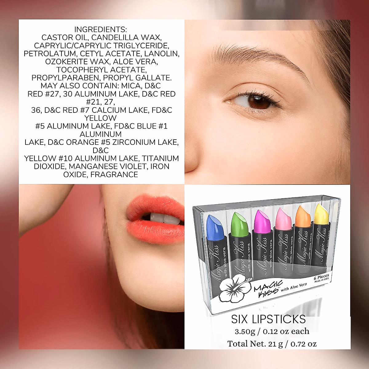 Magic Kiss Color Changing Matte 6 Piece Lipstick Set infused with Aloe Vera Made in USA (Colors of Aloha 1)