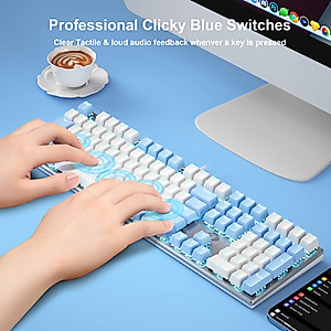 Superbcco Mechanical Gaming Keyboard, LED Backlit Wired Computer Keyboard with Clicky Blue Switches for Windows Gaming PC, 108 Anti-Ghosting Keys, QWERTY, Compact, Aluminum Base for Gamer (Blue)