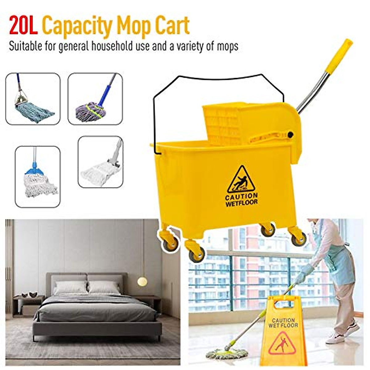 WTXX 5.28 Gallon Rolling Cleaning Mop Bucket Commercial Restaurant with Down Press Wringer ,Removable Side Press Wringer Design (Yellow), 23.5 inches L x 10.75 inches W x 27.5 inches H