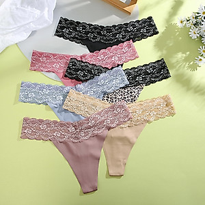 ALL OF ME Sexy Thongs for Women Seamless Underwear V-shape Lace Waistband T-back Tangas for Ladies 6 Pack S-XL