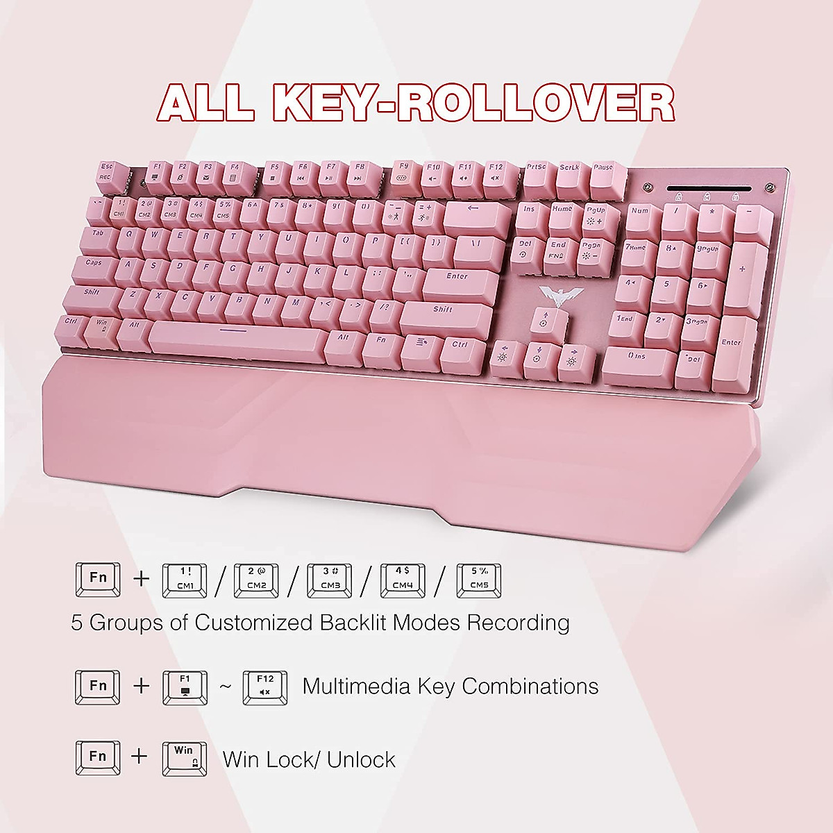 Havit Mechanical Keyboard and Mouse Combo RGB Gaming 104 Keys Blue Switches Wired USB Keyboards with Detachable Wrist Rest, Programmable Gaming Mouse for PC Gamer Computer Desktop (Pink) (Renewed)