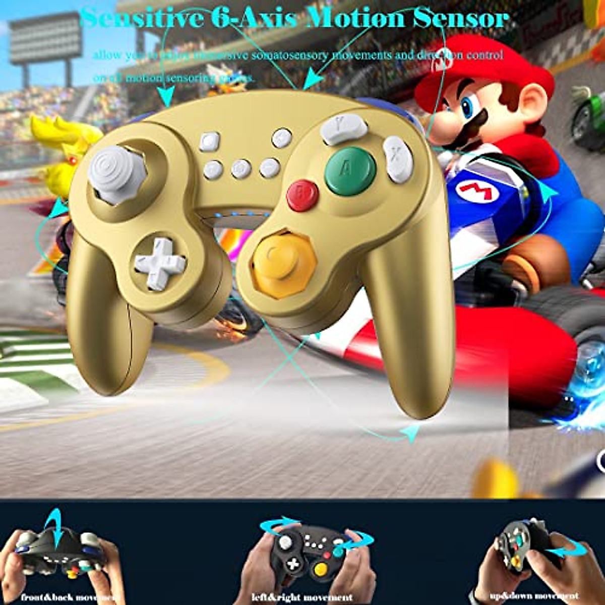 EXLENE Gamecube Controller Switch, Wireless Switch Pro Controller for Nintendo Switch/Lite/PC/Android/iOS/Steam, Support Wake Up, Motion, Adjustable Rumble, Turbo & Auto Turbo (Gold)