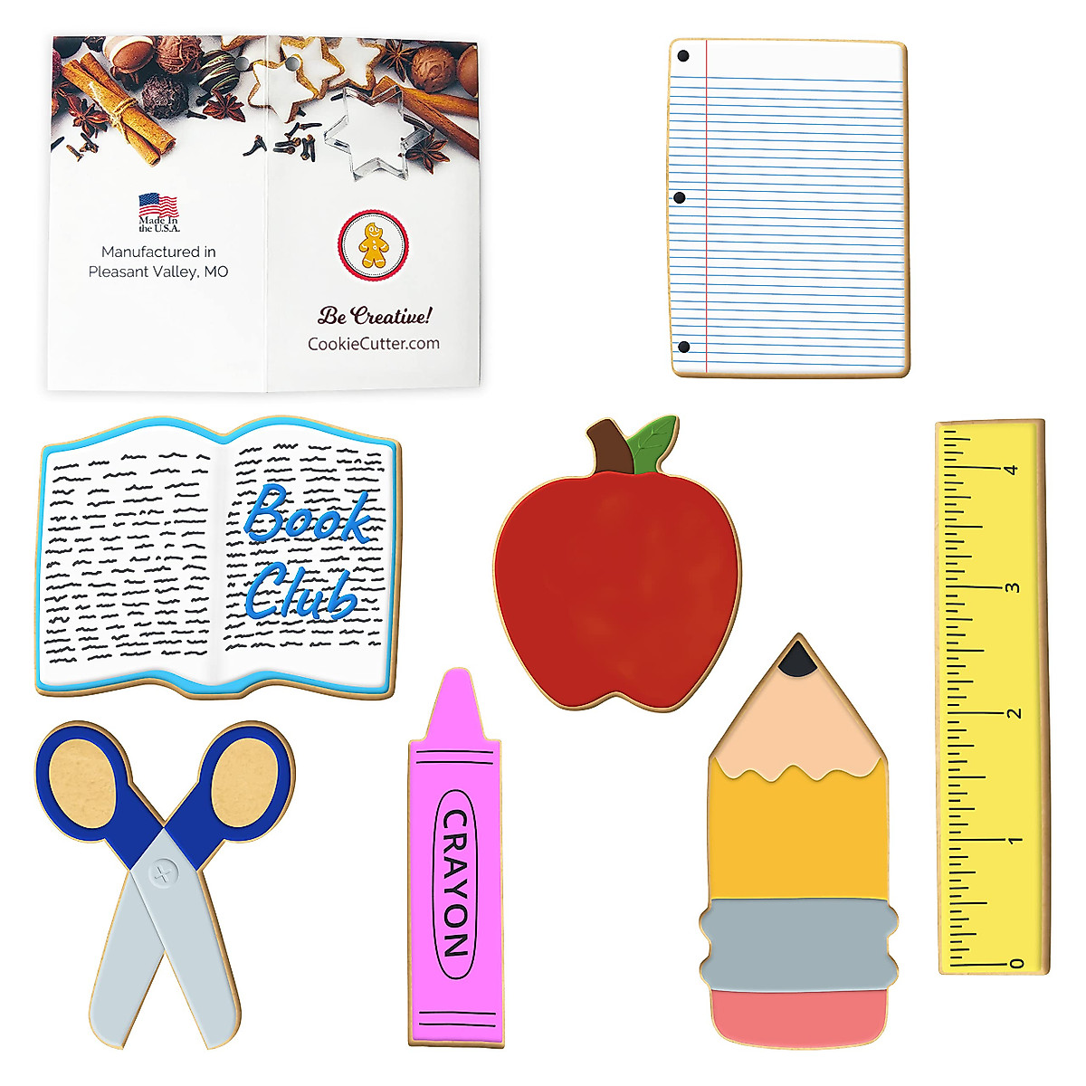 Foose Brand Back To School Teacher Appreciation Cookie Cutter 7 Pc Set –School Book, Ruler, Crayon, Scissors, Rectangle, apple, and pencil Cookie Cutters Hand Made in the USA from Tin Plated Steel