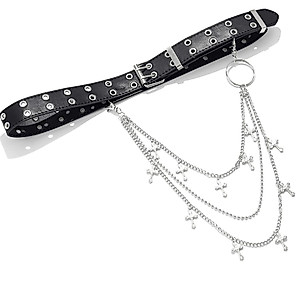 Jemiwa Grommet Leather Belt with Detachable Chain Punk Aesthetic Waist Belt Rock Style Jeans Belt Chains (E)