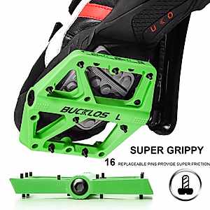 BUCKLOS Mountain Bike Pedals MTB Pedals Flat, Bicycle Road Bike Adult Large Platform Pedal with Non-Slip Grips for Gravel/Ebike/Hybrid Bikes/Beach Cruiser(9/16 Nylon Green)