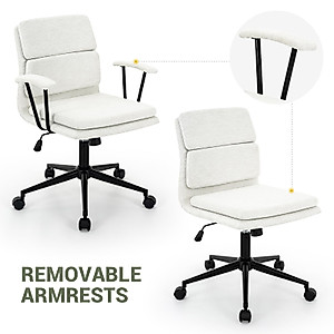 422 Modern Linen Office Chair with Removable Padded Armrests, Premium Double Cushion, 135° Rocking Mid Back Ergonomic Computer Task Chair with Wheels for Home Study&Meeting(White)