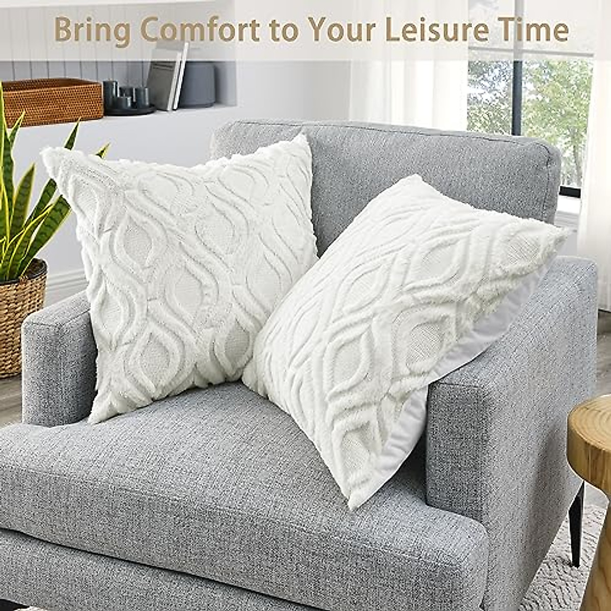 Volcanics Decorative Throw Pillow Covers 18x18 Inch, Faux Wool Plush Couch Cushion Cases Soft Fluffy Boho Pillowcases, Set of 2, Cream Beige