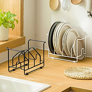 LINFIDITE Plate Holder Organizer Cutting Board Holder Pot Pan Lids Rack Dish Storage Rack Kitchen Cupboard Counter Organiser Stand for Plate Baking Tray Pot Lid Cutting Boards,Premium Steel White