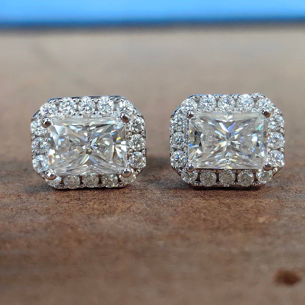 DovEggs Moissanite Stud Earrings for Women Solid 10K White Gold Post 2ct Center 5X7mm GHI Color Elongated Radiant Cut Moissanite Halo Stud Earring Accents Push Back Sterling Silver Earrings