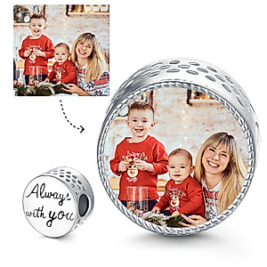 PEIMKO Personalized Photo Charm Fit Snake Bracelet Sterling Silver Customized Picture Round Shape Bead (A-always with you round)