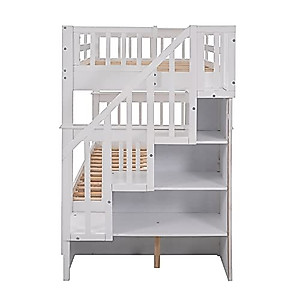 Harper & Bright Designs Twin Over Twin Bunk Bed with Stairs and Drawers, Solid Wood Stairway Bunk Bed with Storage for Kids Teens Adults, Bedroom, Dorm - White