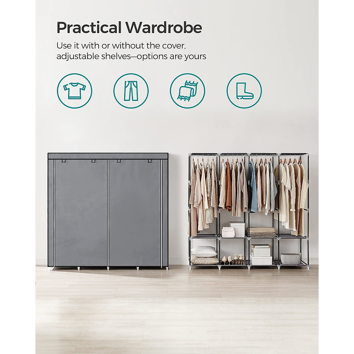 SONGMICS Portable Closet, Wardrobe Closet Organizer with Cover, 4 Hanging Rods and Shelves, 4 Side Pockets, 66.9 x 17.7 x 65.7 Inches, Large Capacity for Bedroom, Living Room, Gray URYG094G02