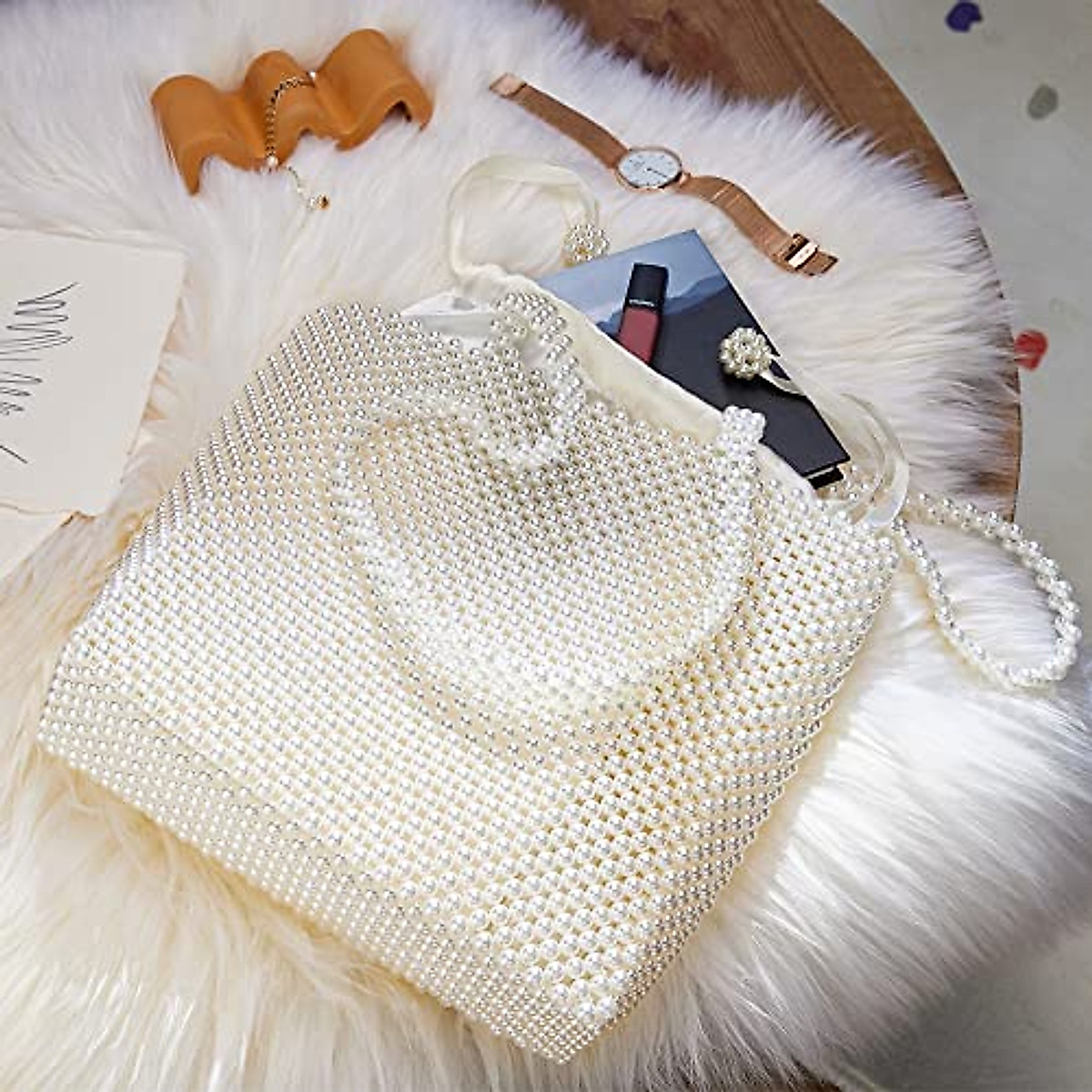 Grandxii Pearl Purse Tote Bag Shouder Bag For Women Wedding Party Shiny Beaded Bag Travel Bag With Pearl