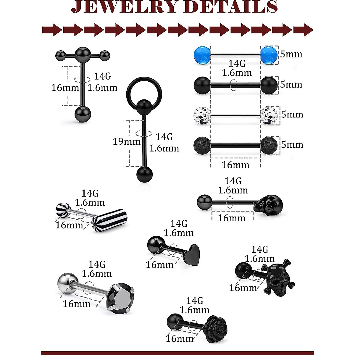 Prjndjw 14G Tongue Rings Surgical steel tongue piercing jewelry 5/8 inch 16mm Skull Heart Flower T Shape Koosh Spiky Silicone Soft Spike Ball Door Knocker Tongue Ring Body Piercing Jewelry Retainer