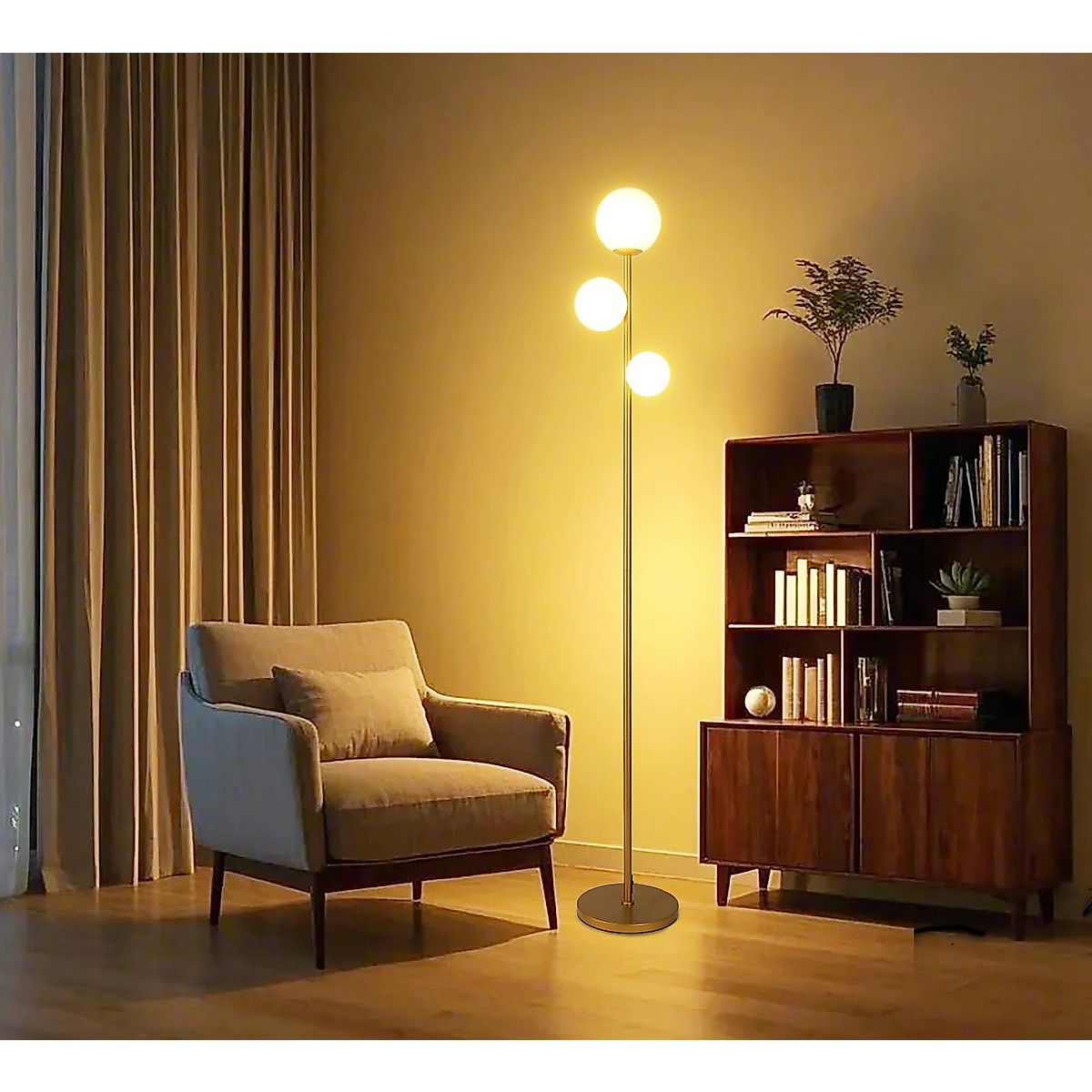 3 Globe Mid Century Modern Floor Lamp for Living Room, Contemporary Gold Floor Lamp with Frosted Glass Shade and Bulbs Included, LED Standing Tall Pole Lamp for Bedrooms, Office - Antique Brass