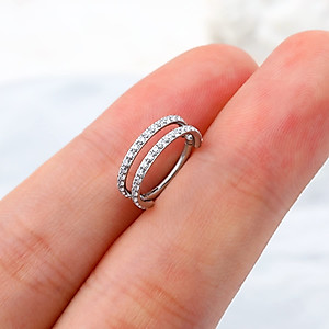 CM Crareesi Mania Helix Piercing Hoop 16G Stainless Steel Cartilage Earrings Double Lined Clear CZ Hinged Segment Clicker Ring 8mm Silver Daith Conch Tragus Piercing Jewelry Septum Nose Hoop
