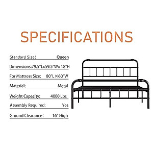 Bednowitz Queen-Bed-Frame-with-Headboard and Footboard, 18 Inch High Metal Platform Queen-Size-Bed-Frame, 4000 Lbs Heavy Duty Steel Slats Support, No Box Spring Needed, Noise Free