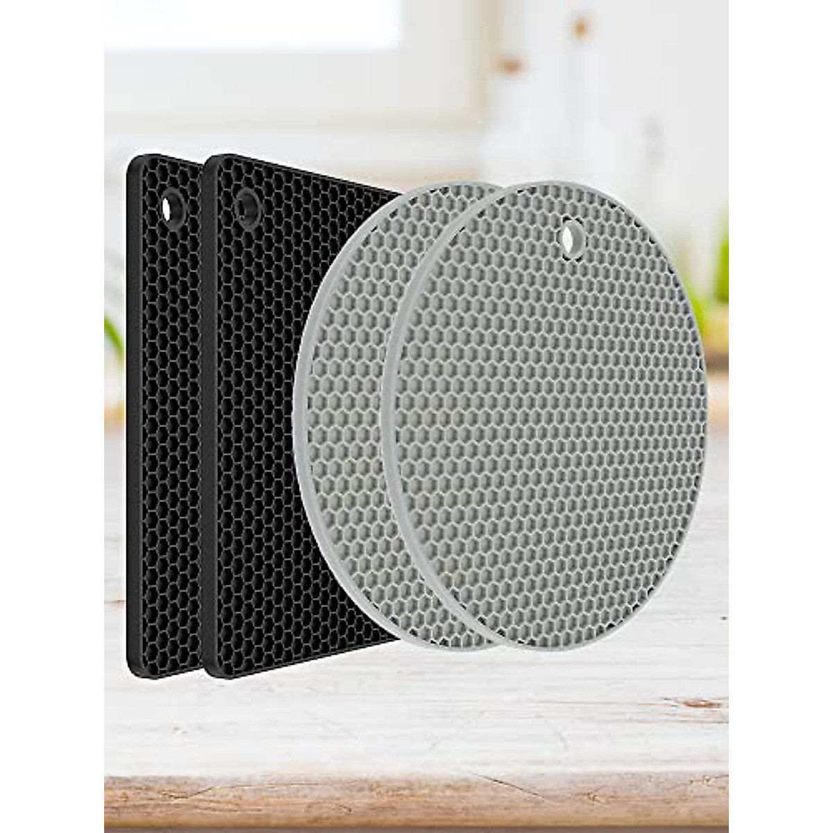 Y6S 4Pcs Silicone Trivet Mats Anti-Slip Square Round Hot Pads Heat-Resistant Hot Holders Spoon Dishes Rest Pad Easy to Wash and Dry BPA Free Dishwasher Safe for Kitchen Counter Y6S(Black and Gray)