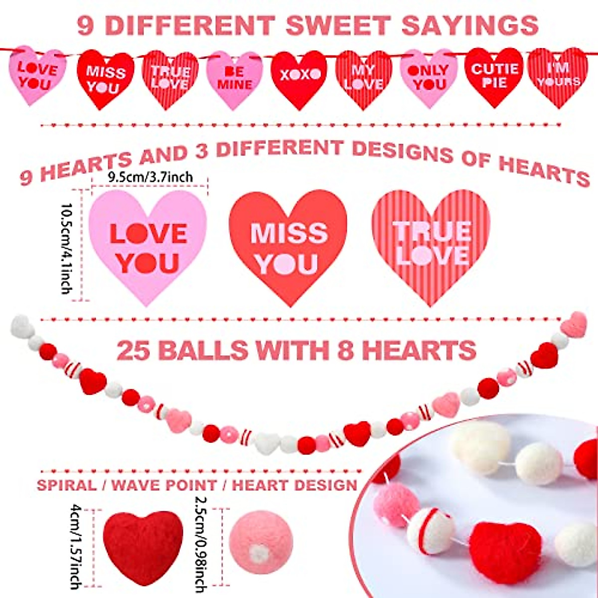 2 Pieces Valentines Day Felt Balls Banner Conversation Candy Hearts Banner Felt Pom Pom Garland Valentines Heart Sayings Garland for Valentines Party Wedding Birthday Decorations