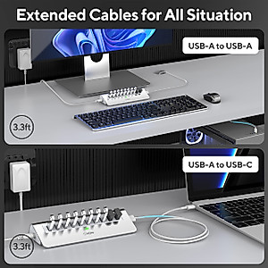 Powered USB Hub, intpw 10 Port USB 3.1 Hub with 10Gbps Data Transfer, 30W(12V/2.5A) Power Adapter, USB Type A and Type C Cable, Aluminum USB Power Hub for Laptop, MacBook and Desktop Computer