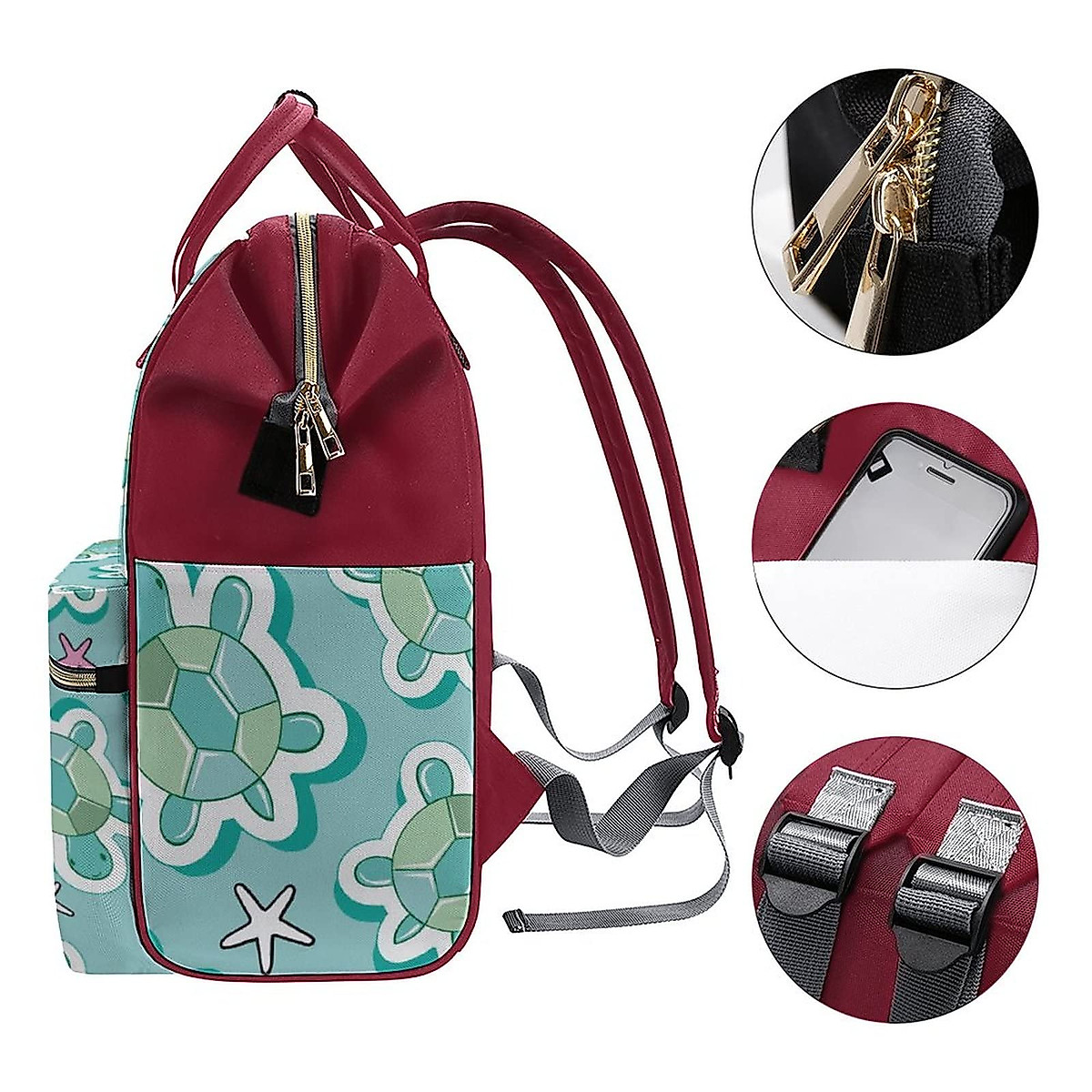 Turtles and Starfish on Blue Diaper Bag Backpack Large Capacity Mommy Bags Multifunction Nappy Bag Travel Back Pack Red-Style