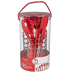 Silicone Kitchen Cooking Utensils w Bamboo Holder- 10 Pc Gourmet Non-Stick, Heat Resistant, Premium Kitchen Tools Set- Spatula, Spoon, Slotted Spoon, Tongs, Basting Brush, Whisk, Ladle-Baking, Baking