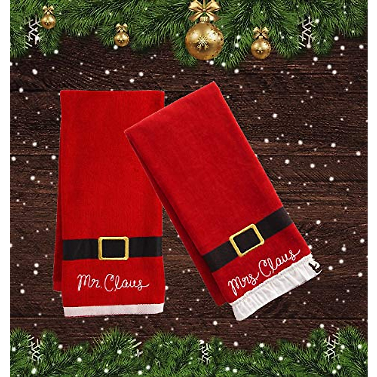 St. Nicholas Square Christmas Towels, Red Bath Hand Towel Set of 2, Mr. & Mrs. Claus with Santa Belt Decorative Design 25 x 16 Inches Bathroom Decorating for The Holidays