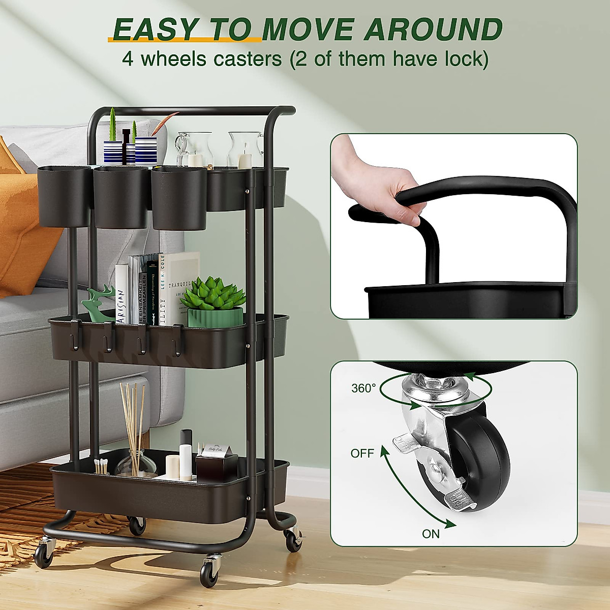 3-Tier Rolling Mobile Utility Cart with Hanging Cups & Hooks & Handle Multifunctional Organizer Storage Trolley Service Cart with Wheels Easy Assembly for Office, Bathroom, Kitchen (Black)