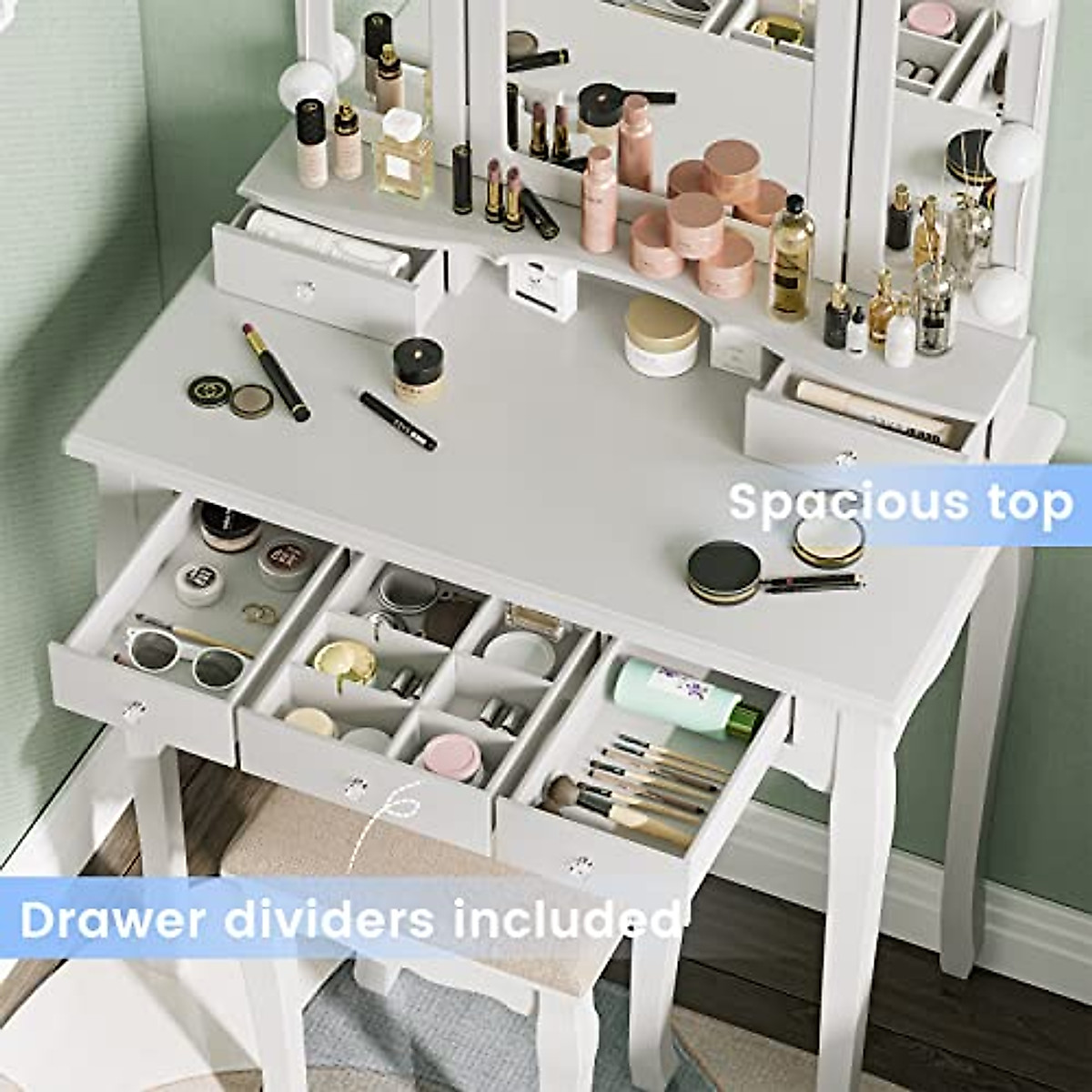 Tiptiper Makeup Vanity with Lights, Vanity Desk with Lighted Mirror and Stool, Vanity Set with 5 Drawers, 3 Light Settings & Adjustable Brightness, White