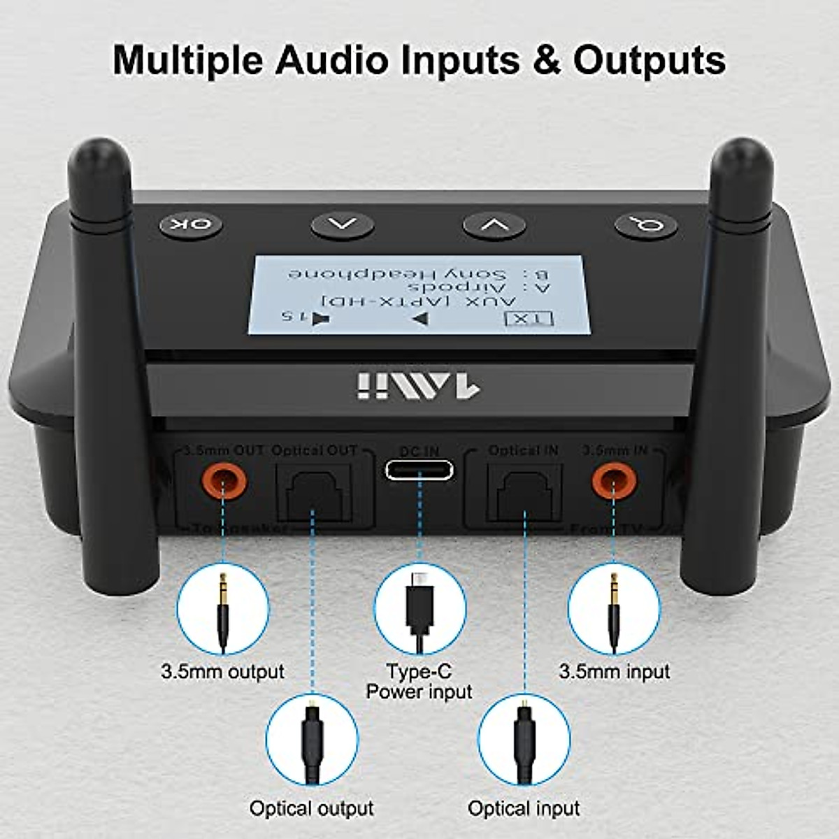 1Mii B03+ Bluetooth Transmitter Receiver for TV Home Stereo, Long Range Bluetooth 5.0 Adapter for TV Audio with Screen, aptX Low Latency & HD