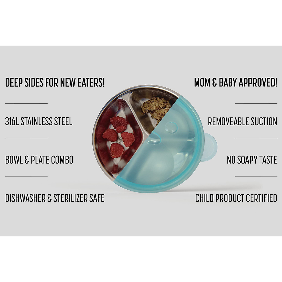 Wild & Free Ranch Stainless Steel Plate and Bowl Combo with Strong Anti-Slip Removeable Suction and Semi-Transparent Lid Designed for Children (Blue)