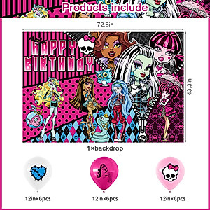 19Pcs Monster High Birthday Party Supplies,1 Happy Birthday Backdrop,18 Ballons for Monster High Party Decorations, 5 x 3FT Birthday Banner for Girls Boys Kids Birthday Party Decorations