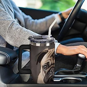 YTLKGFP 40 Oz Large Capacity Car Cup Animal Pug Dog Tumbler with Handle (Black) Straw Lid Insulated Stainless Steel Water Bottle Travel Mug Leak-proof Car Cup Keeps Cold Or Hot