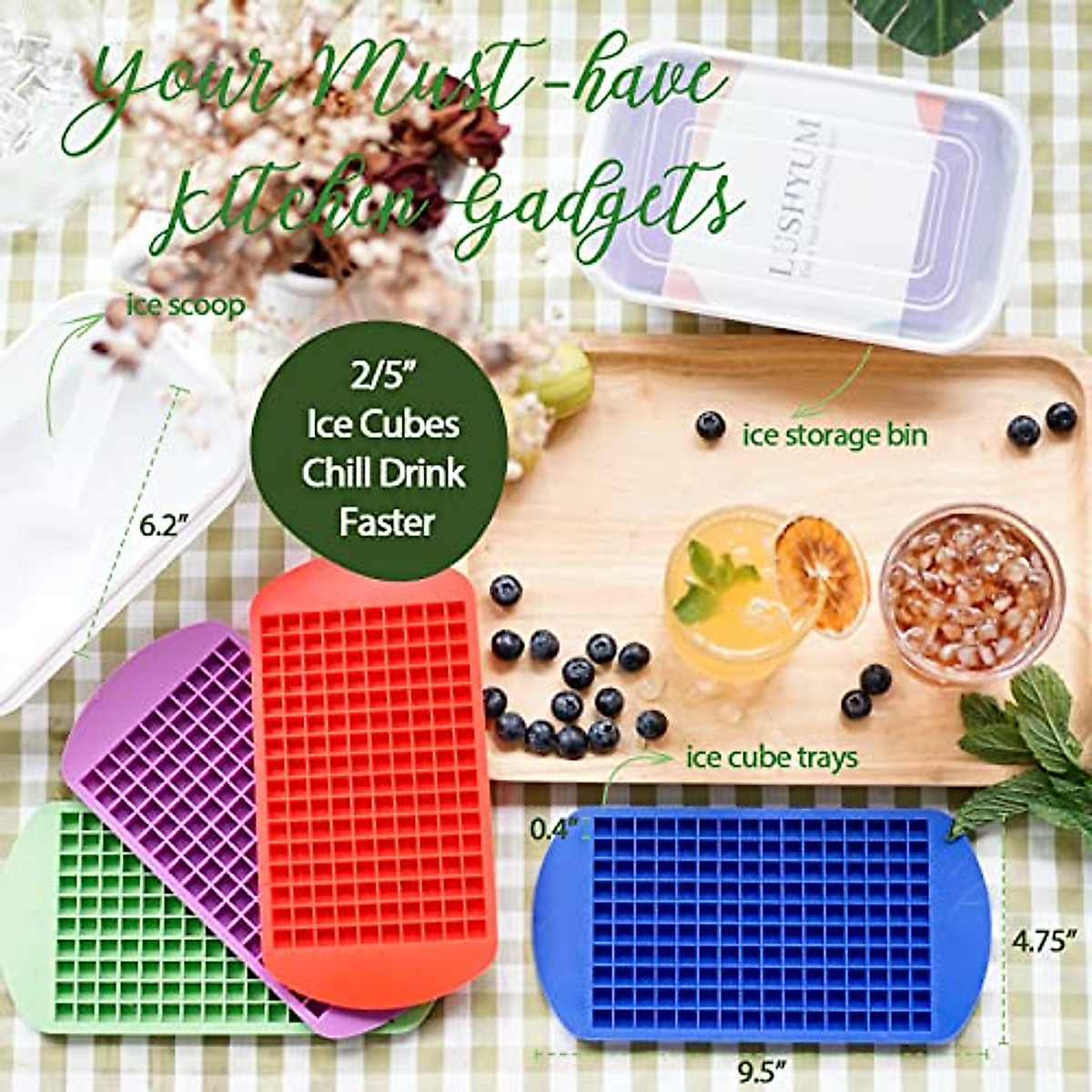 Mini Ice Cube Trays Silicone With Bin for Freezer, 4 Pack 640 Chewy Small Ice 6PCS Set, Tiny Crushed Ice Maker Molds for Chilling Coffee Juice Cocktail Whisky Boba, With Storage Box & Ice Scoop