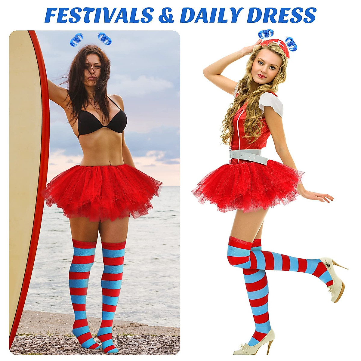 Tulle Tutu Costume Set Tulle Tutus Skirts Blue Headband Ponytails Long Knee Thigh High Striped Socks for Halloween(Fresh Color,S)