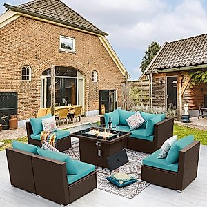BULEXYARD High Back Brown PE Rattan Outdoor Patio Furniture Set with Propane Fire Pit Table, Large Wicker Outside Sectional Furniture Sofa Conversation Sets for Backyard(Aqua Blue, 7Pcs-A)