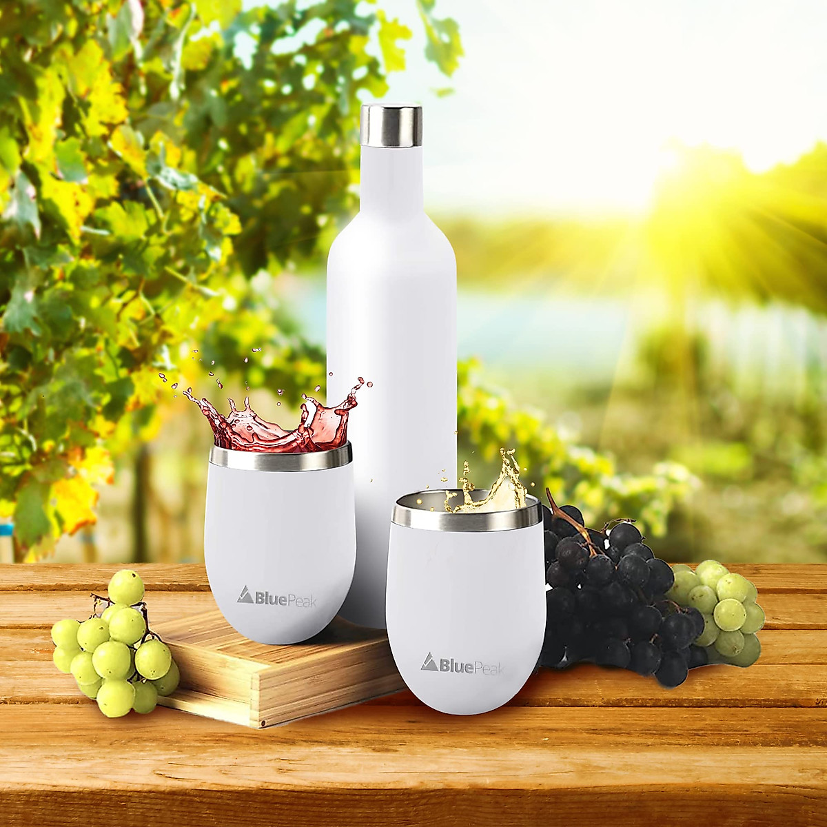 BluePeak Double Wall Vacuum Stainless Steel Insulated Wine Tumbler Set, 3-Pack - Includes Spill-Proof Sliding Lids, Straws, Cleaning Brush, Silicone Funnel & Gift Box - Travel Drinking Set (White)